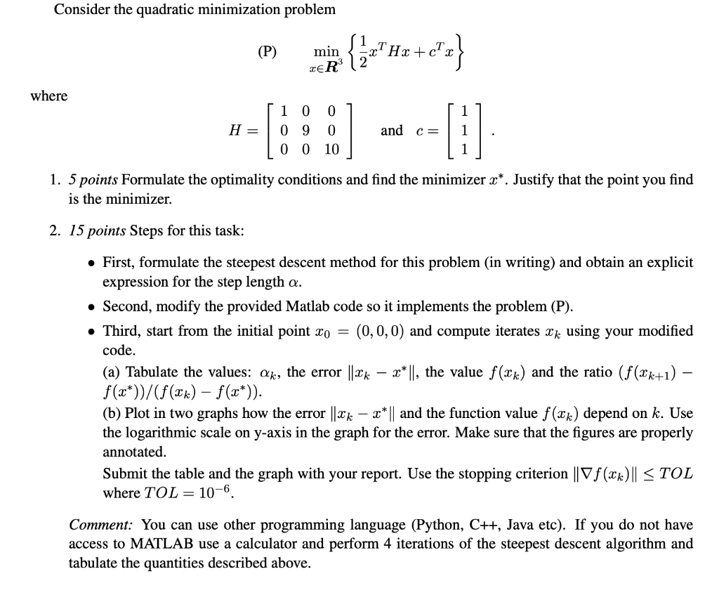 Solved Consider the quadratic minimization problem (P) min | Chegg.com