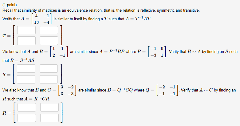 Solved Recall that similarity of matrices is an equivalence | Chegg.com