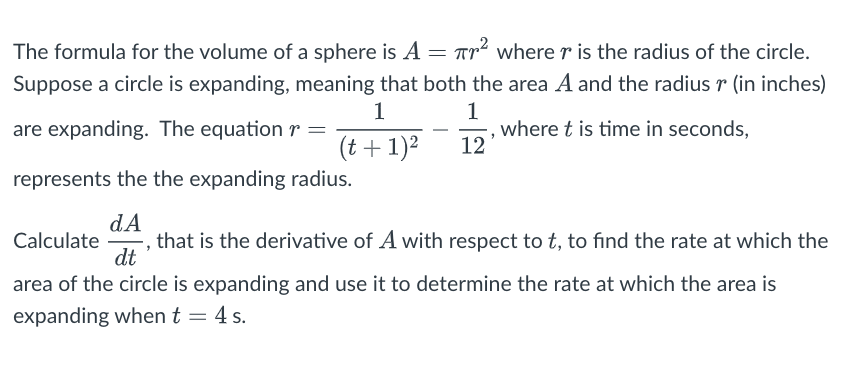 Solved The formula for the volume of a sphere is A=πr2 where | Chegg.com
