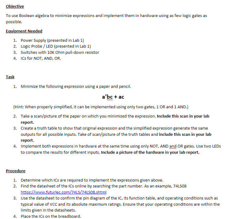 Solved Objective To use Boolean algebra to minimize | Chegg.com