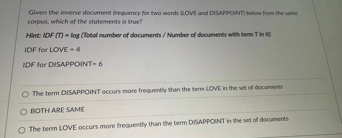 Solved Given the inverse document frequency for two words | Chegg.com