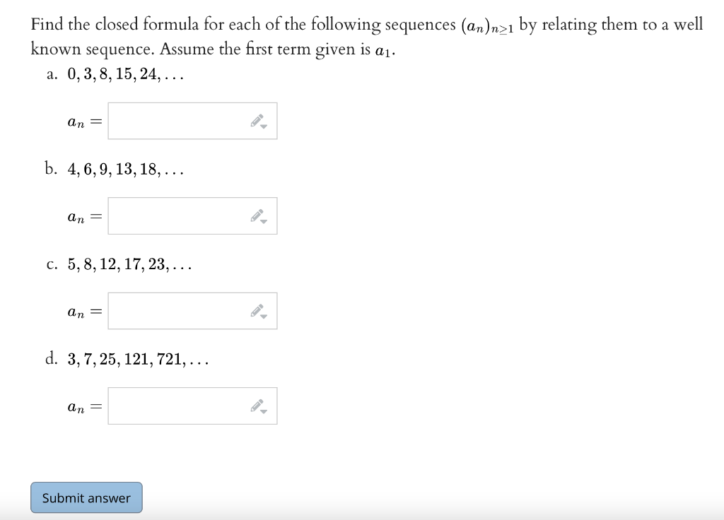 Solved Find the closed formula for each of the following | Chegg.com