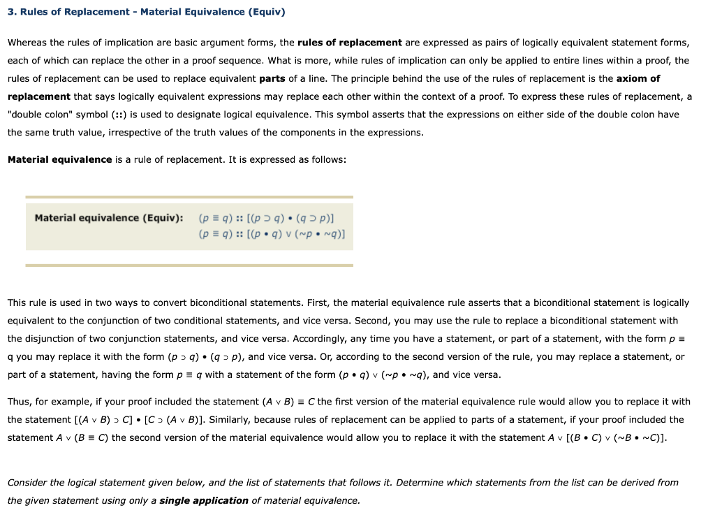 Solved 3 Rules Of Replacement Material Equivalence 