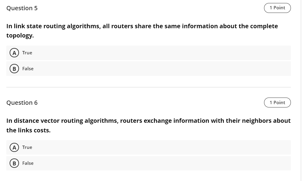 Solved Question 5 1 1 Point In link state routing | Chegg.com