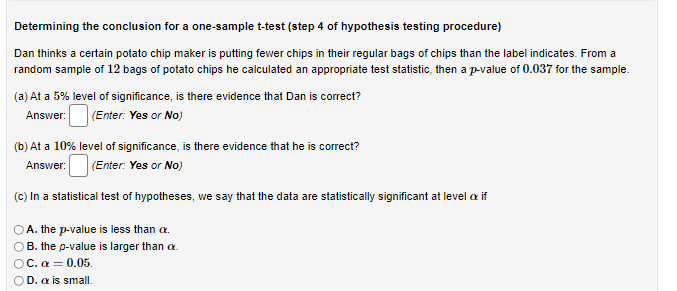 Solved Determining the conclusion for a one-sample t-test | Chegg.com