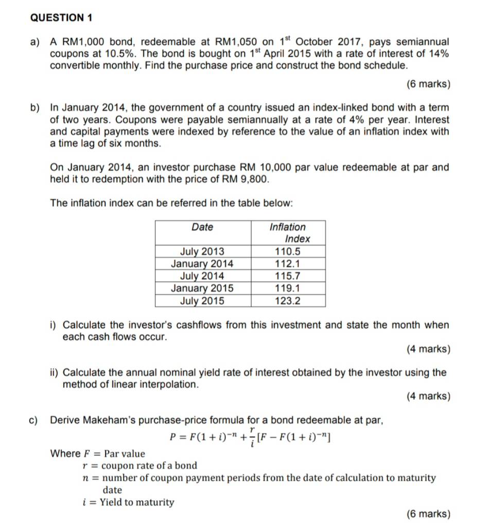 QUESTION 1 a) A RM1,000 bond, redeemable at RM1,050 | Chegg.com