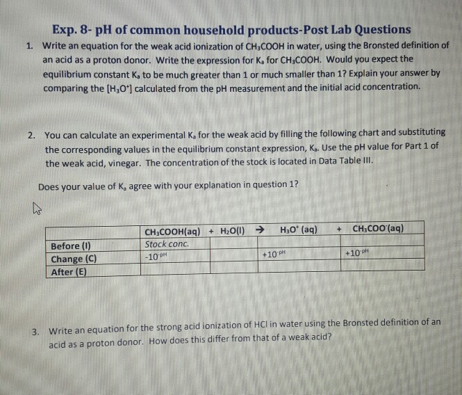 Solved Exp. 8- pH of common household products-Post Lab | Chegg.com