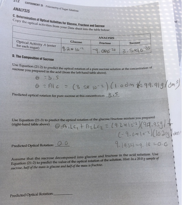 312 EXPERIMENT 21 Polarimetry of Sugar Solutions | Chegg.com