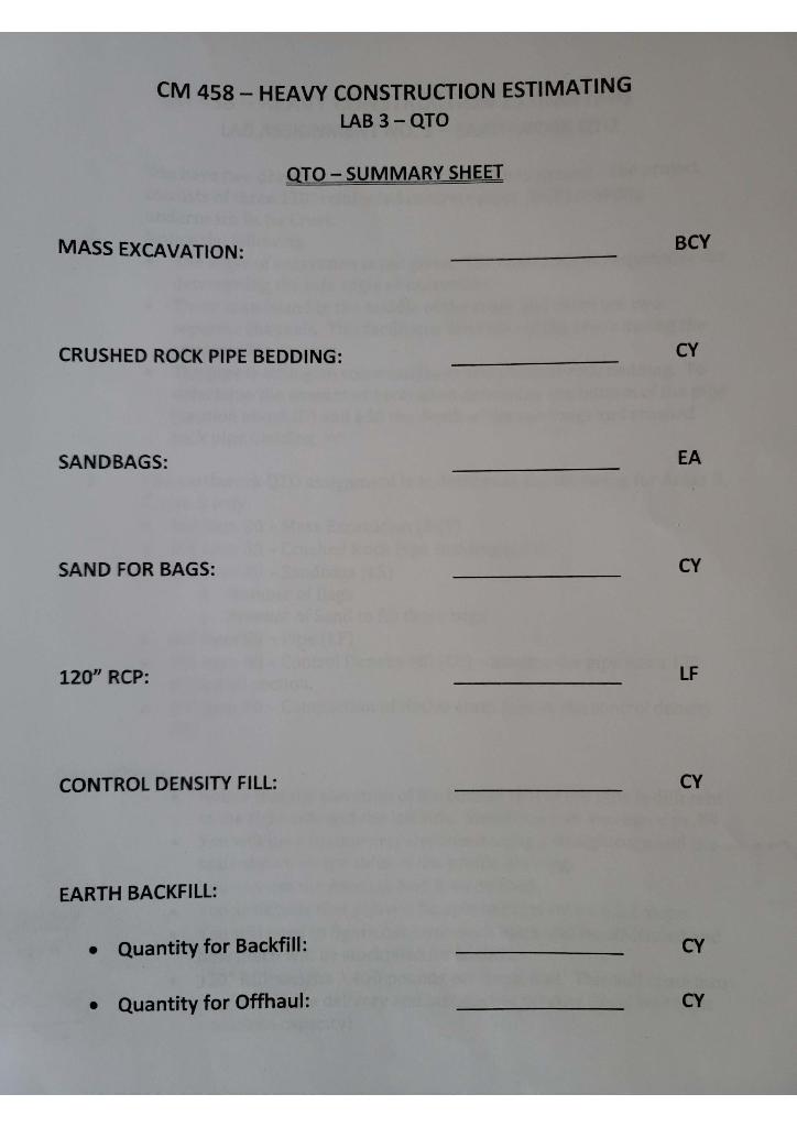 CM 458 - HEAVY CONSTRUCTION ESTIMATING LAB 3 - QTO | Chegg.com