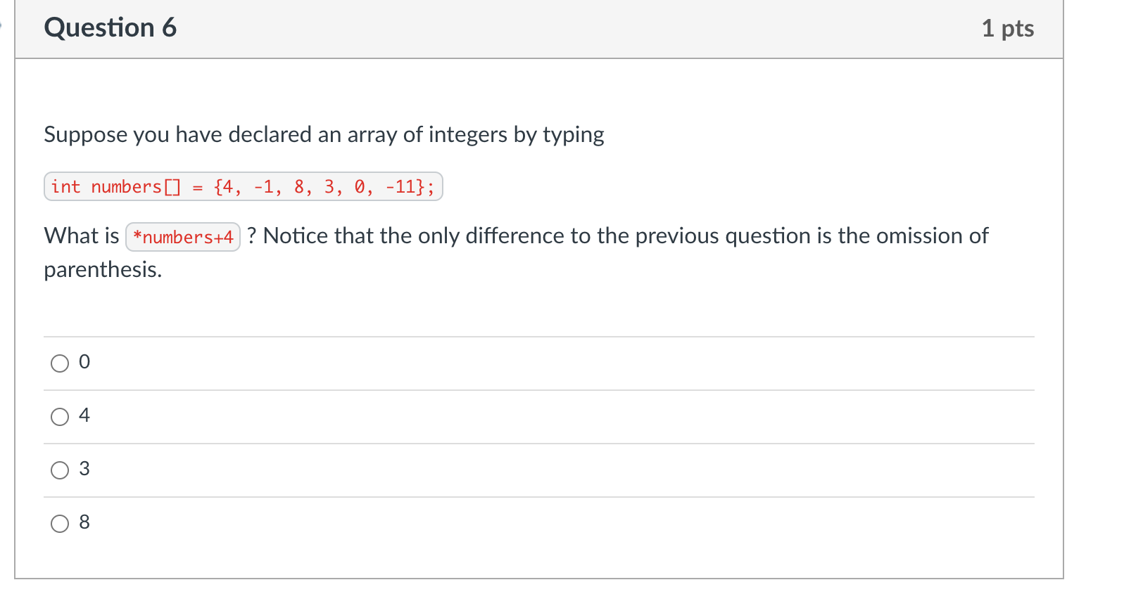 Solved Question 6 1 pts Suppose you have declared an array | Chegg.com