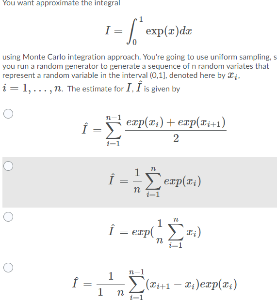 Solved You want approximate the integral I= ſ'exp(a)de using | Chegg.com