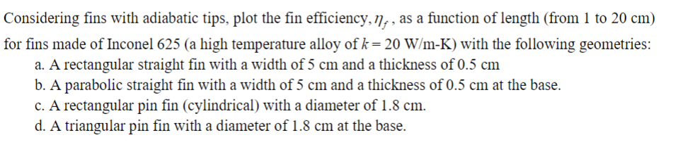 Considering fins with adiabatic tips, plot the fin | Chegg.com