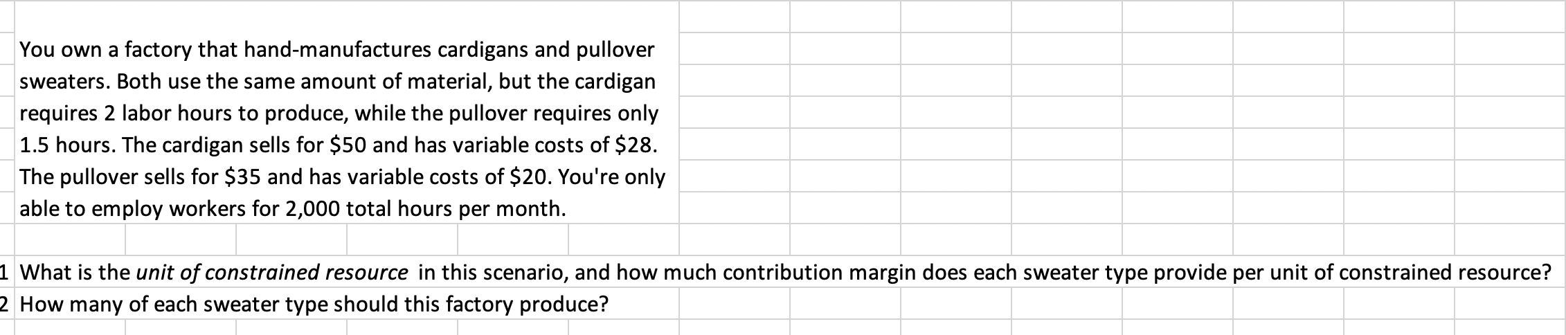 Solved You own a factory that hand-manufactures cardigans | Chegg.com