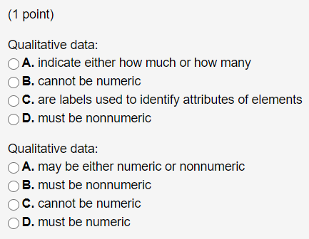 Solved (1 point) Qualitative data: A. indicate either how | Chegg.com