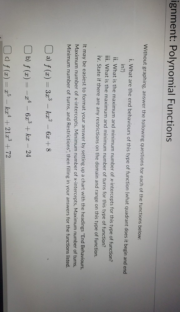 Solved ignment: Polynomial Functions Without graphing, | Chegg.com
