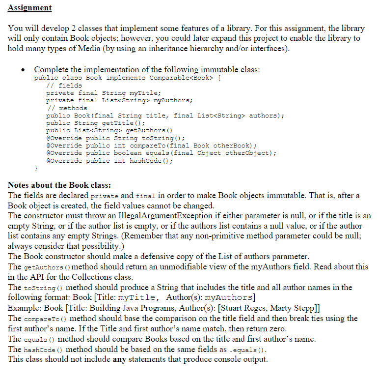 Solved Assignment You will develop 2 classes that implement | Chegg.com