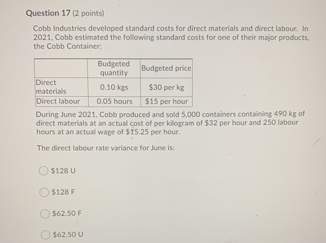 Solved Question 17 (2 points) Cobb Industries developed | Chegg.com