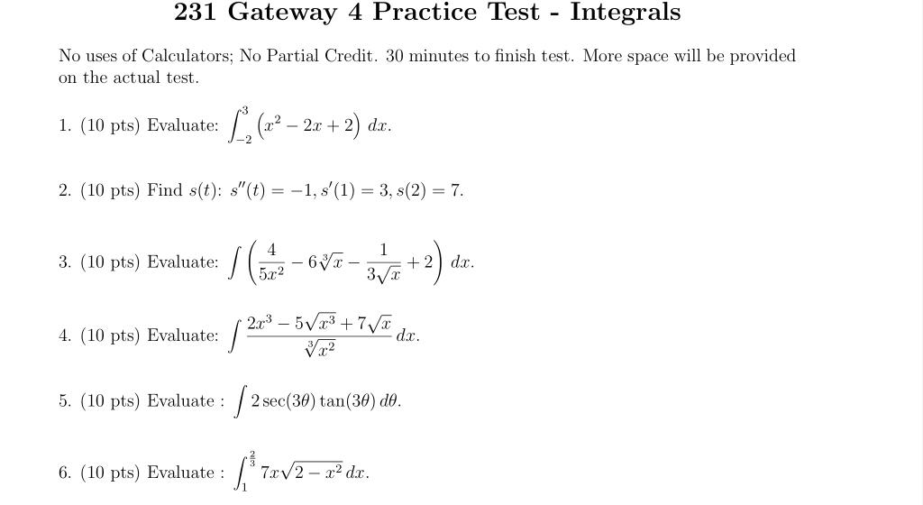 Solved 231 Gateway 4 Practice Test - Integrals No uses of | Chegg.com