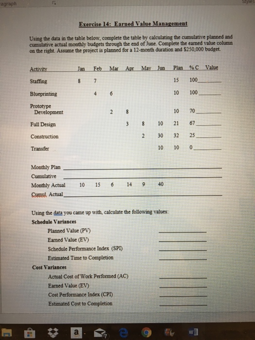 Solved Exercise 14: Earned Value Management Using the data | Chegg.com