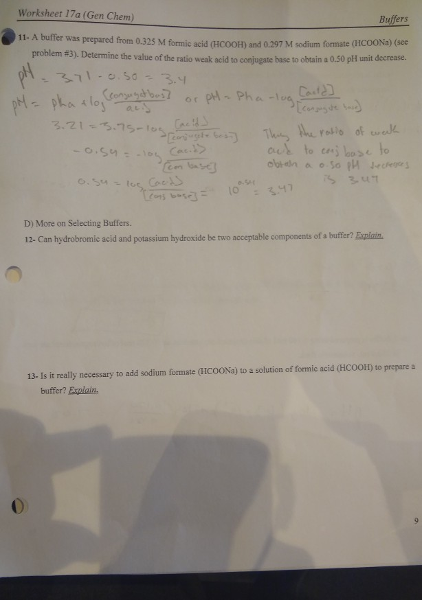Solved Worksheet 17a (Gen Chem) Buffers C) Adding an Acid or | Chegg.com