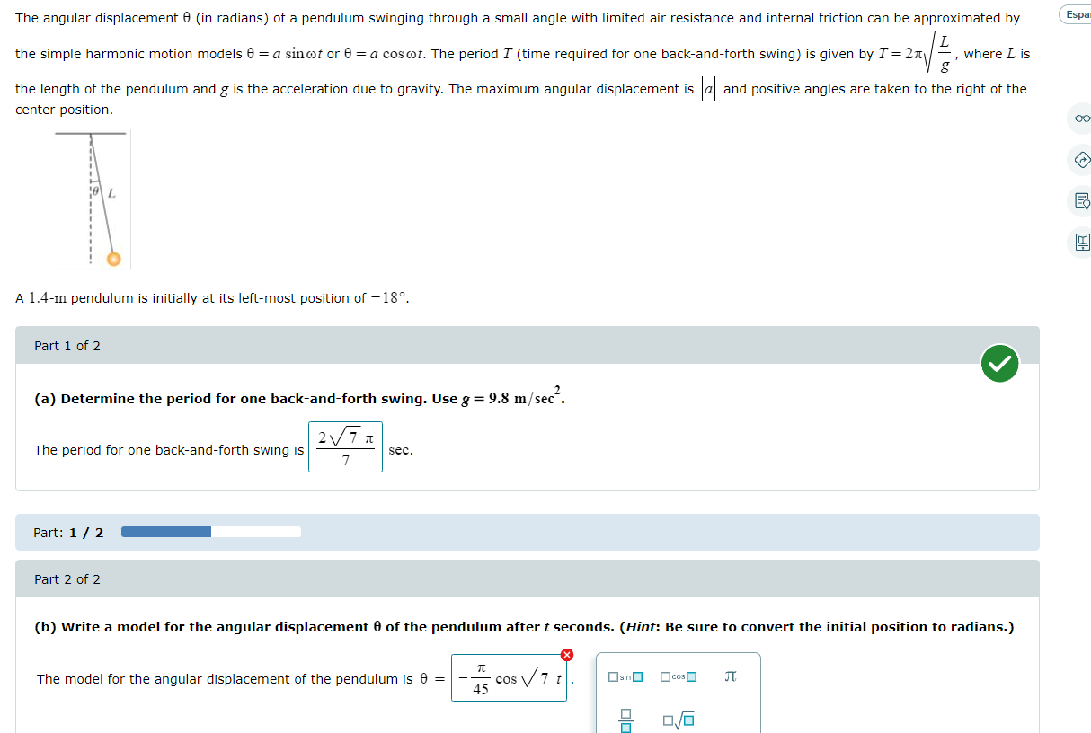Solved The angular displacement θ (in radians) of a pendulum | Chegg.com