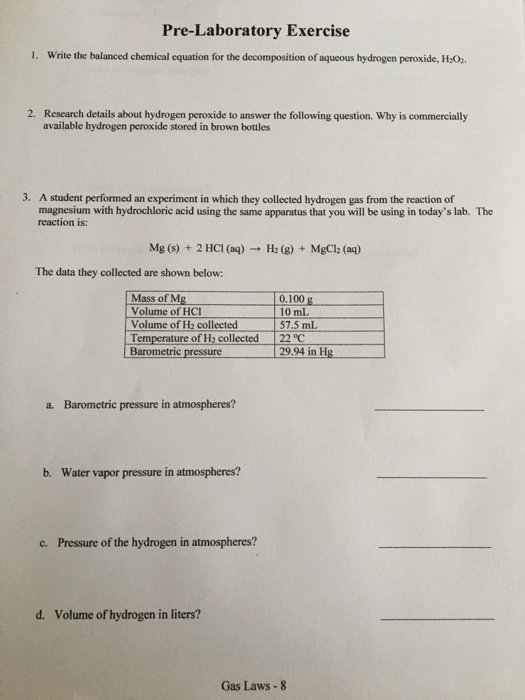Solved Pre-Laboratory Exercise 1. Write the balanced | Chegg.com