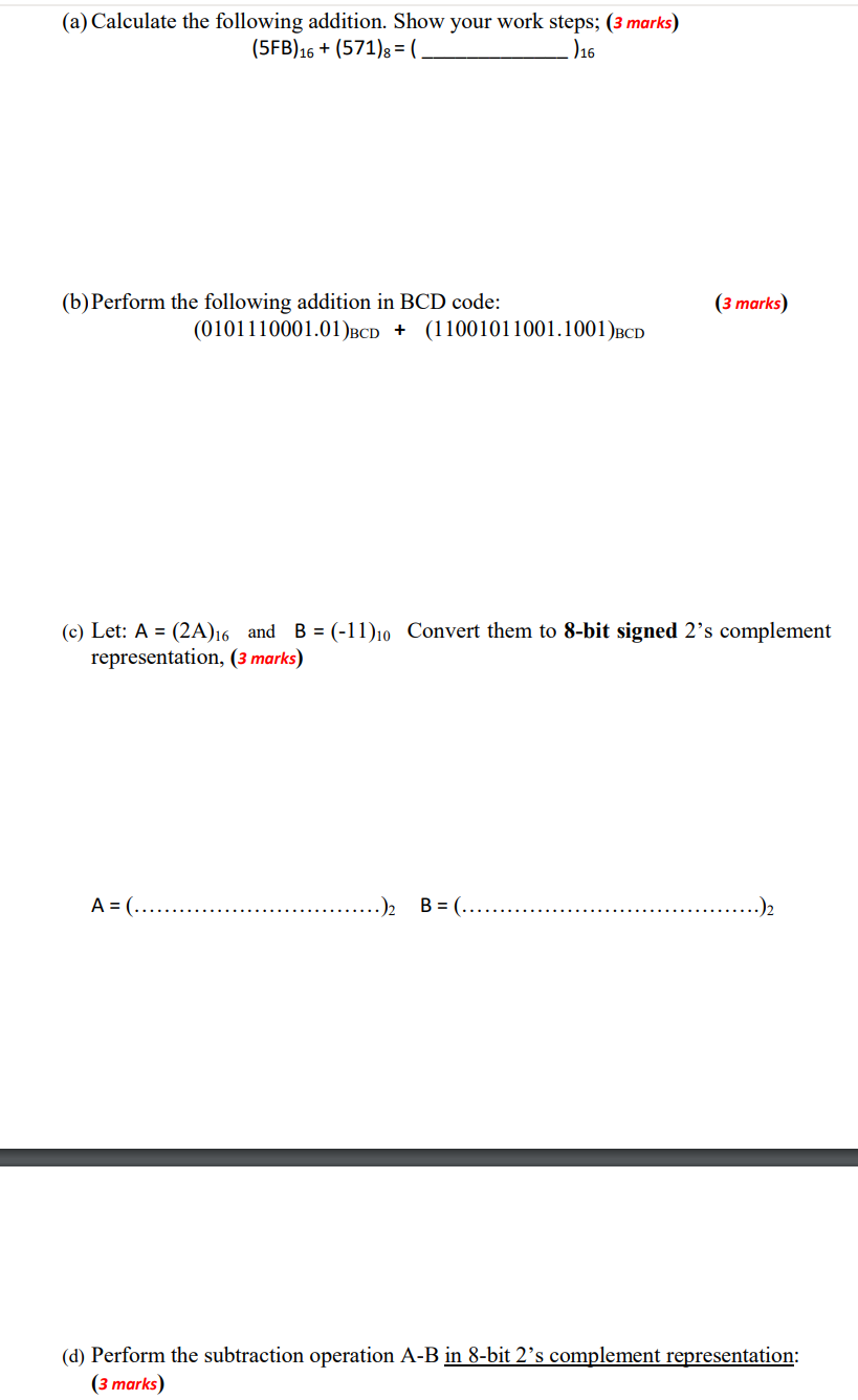 Solved (a) Calculate the following addition. Show your work | Chegg.com