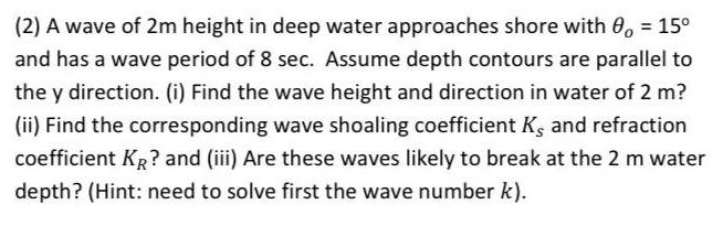 Solved (2) A wave of 2 m height in deep water approaches | Chegg.com