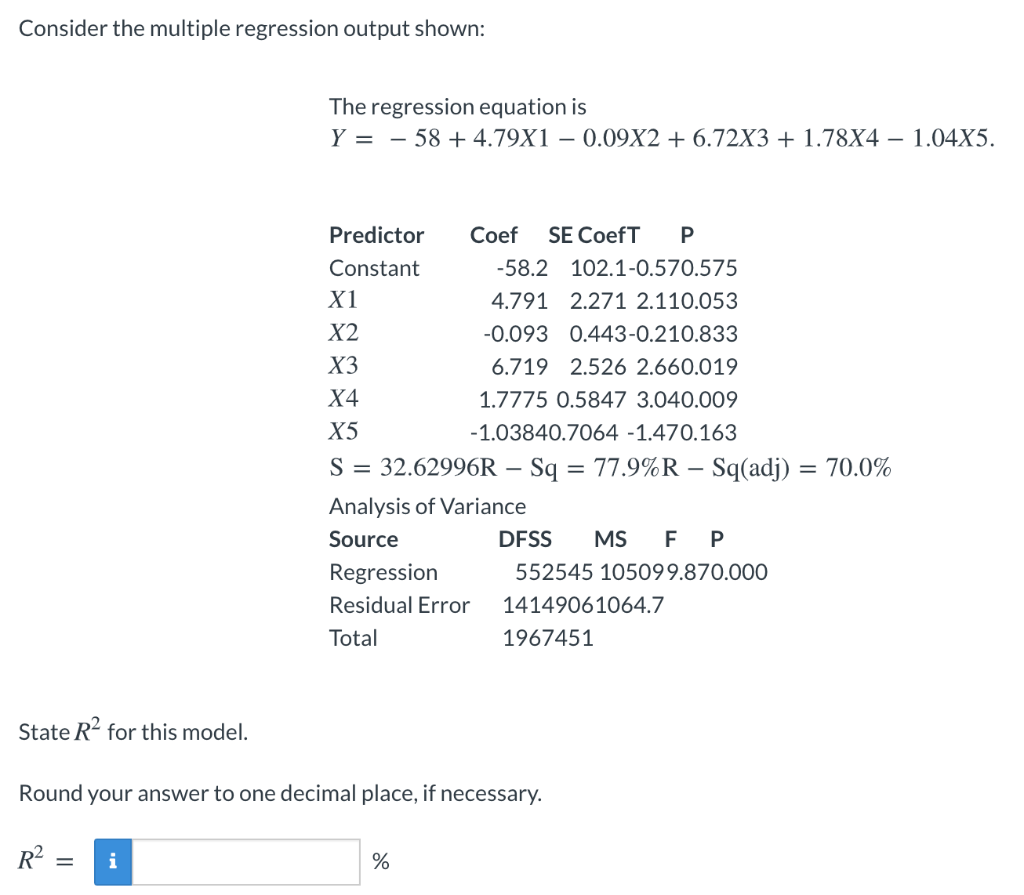 Solved Consider the multiple regression output shown: The | Chegg.com