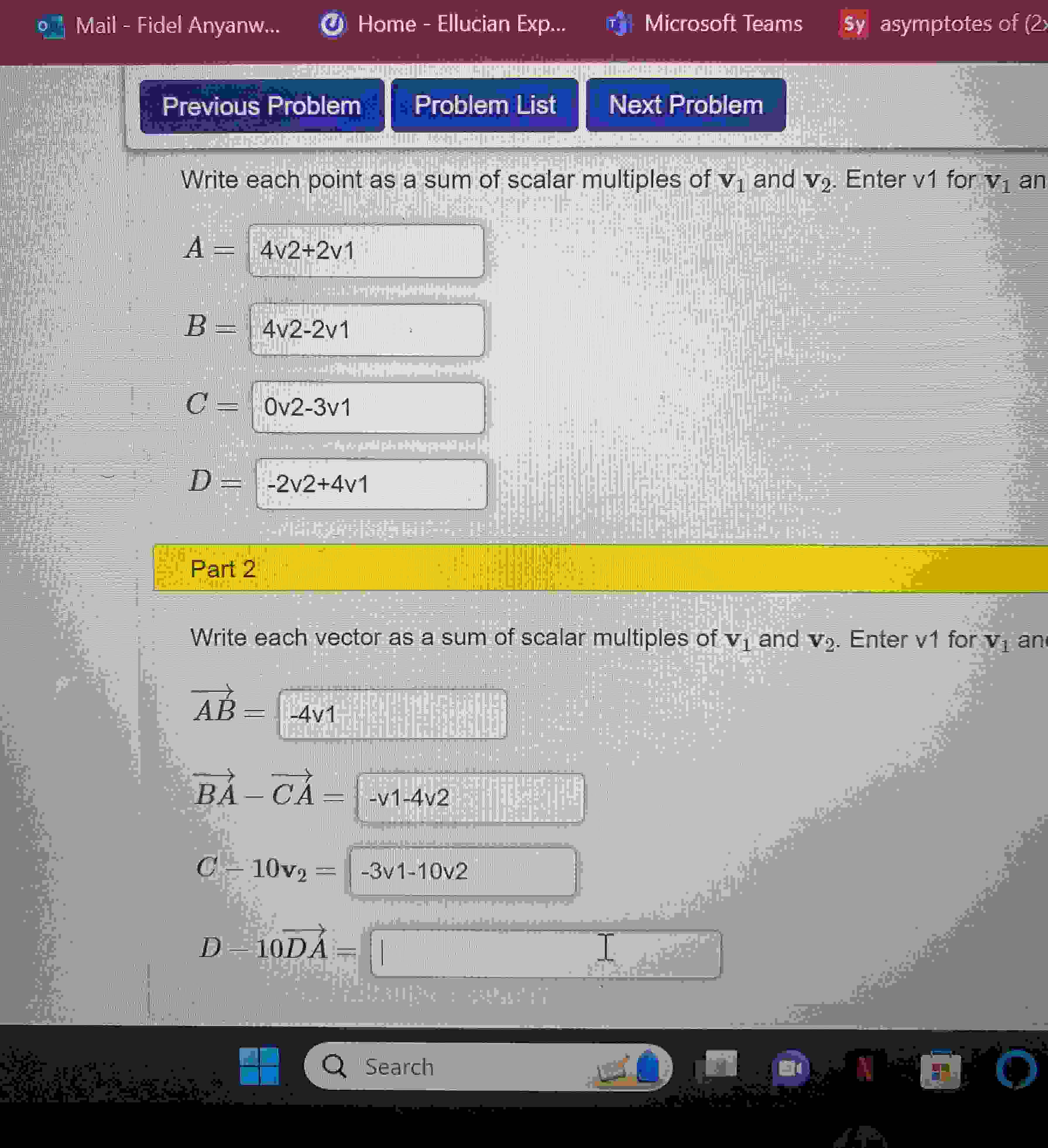 Write each point as a sum of scalar multiples of v1 | Chegg.com
