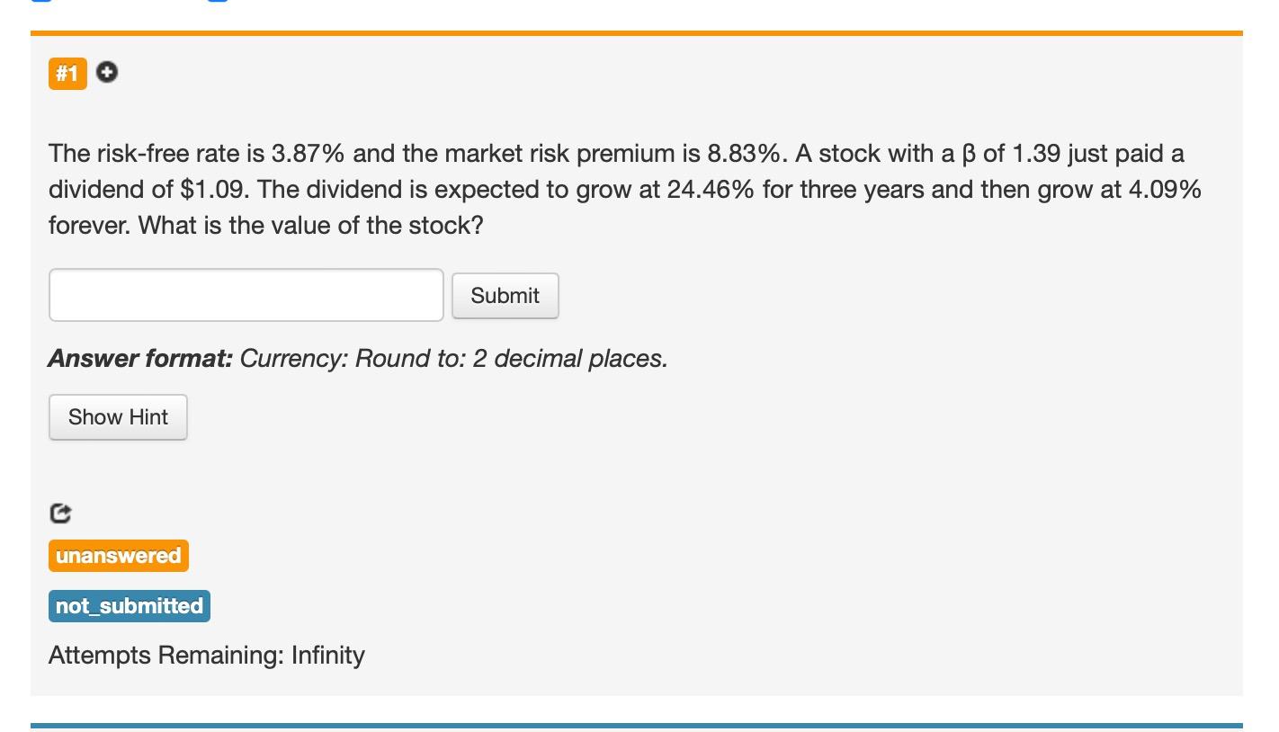 Solved The risk-free rate is 3.87% and the market risk | Chegg.com