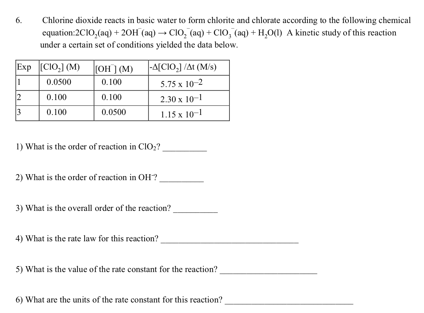 Solved - 6. Chlorine dioxide reacts in basic water to form | Chegg.com