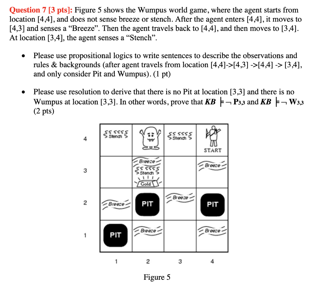 Solved Question 7 [3 pts]: Figure 5 shows the Wumpus world | Chegg.com