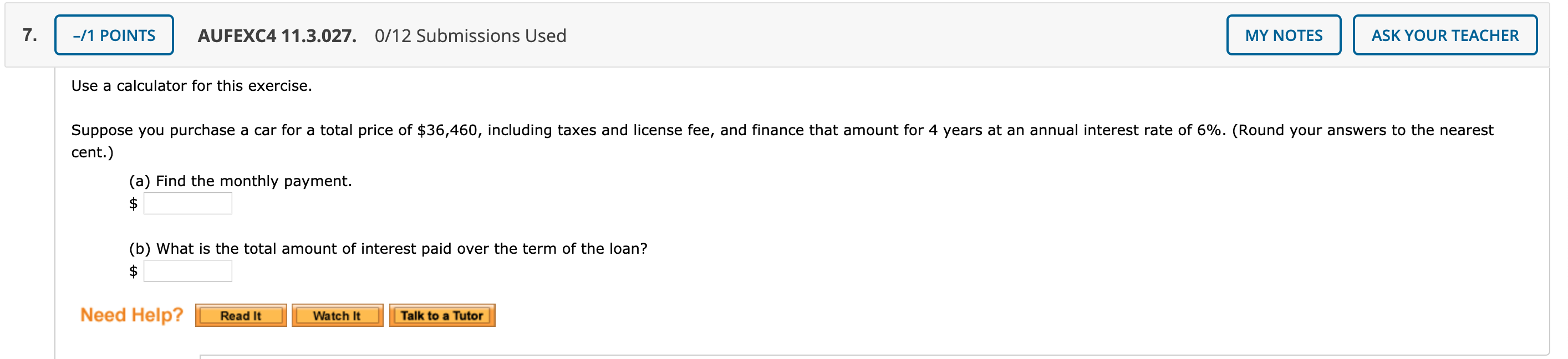 Solved -/1 POINTS AUFEXC4 11.3.027. 0/12 Submissions Used MY | Chegg.com