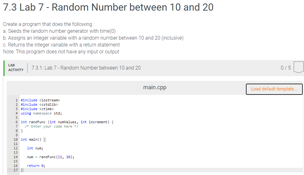 Solved 7 3 Lab 7 Random Number Between 10 And 20 Create A Chegg