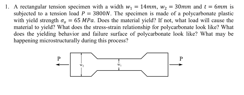 Solved 1. A rectangular tension specimen with a width w1 | Chegg.com