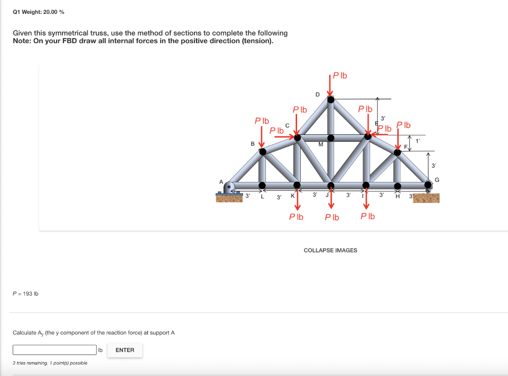 Solved Q1 Weight: 20.00% Given this symmetrical truss, use | Chegg.com
