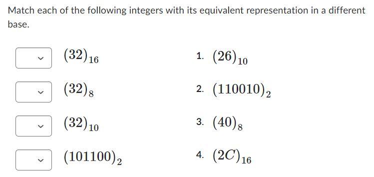 Solved Match each of the following integers with its | Chegg.com