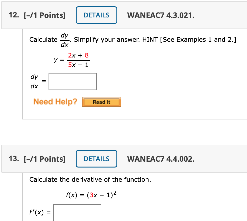 Solved 12. [-/1 Points] DETAILS WANEAC7 4.3.021. Calculate | Chegg.com