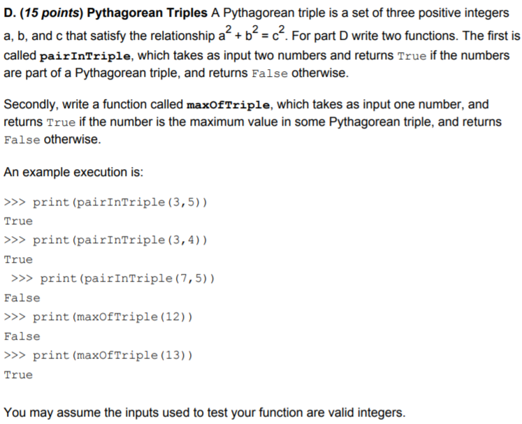Solved D. (15 points) Pythagorean Triples A Pythagorean | Chegg.com