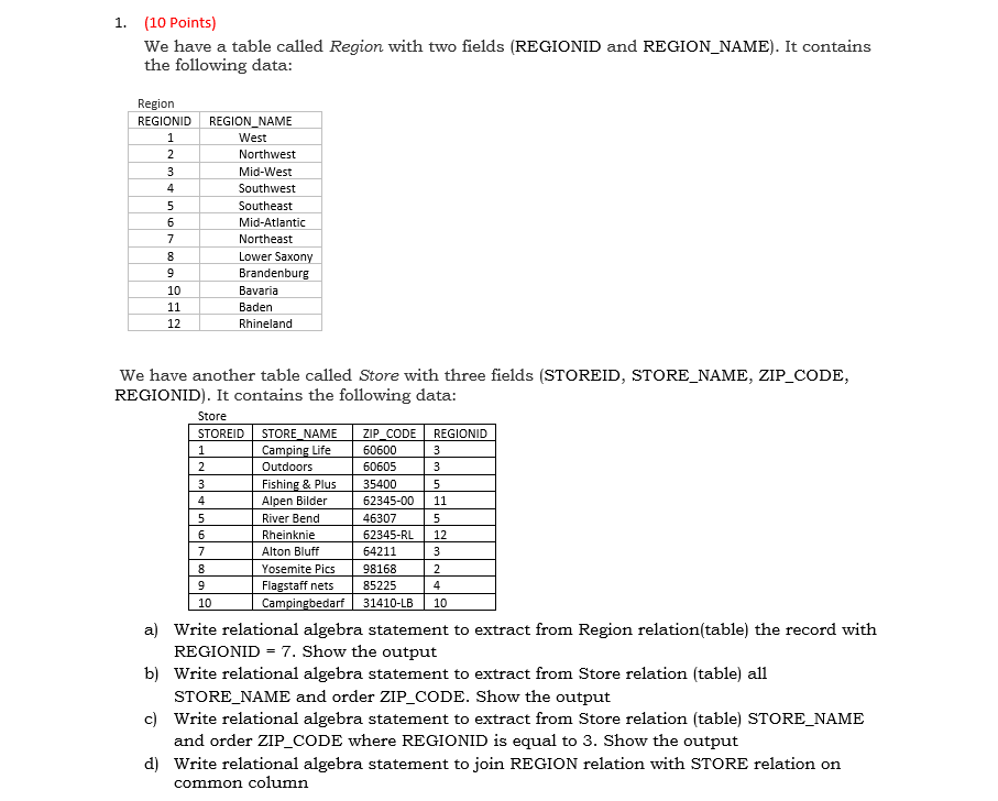 Solved 1. (10 Points) We have a table called Region with two | Chegg.com