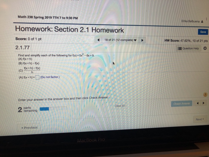 Solved Math 238 Spring 2019 TTH 7 to 9:30 PM Homework: | Chegg.com