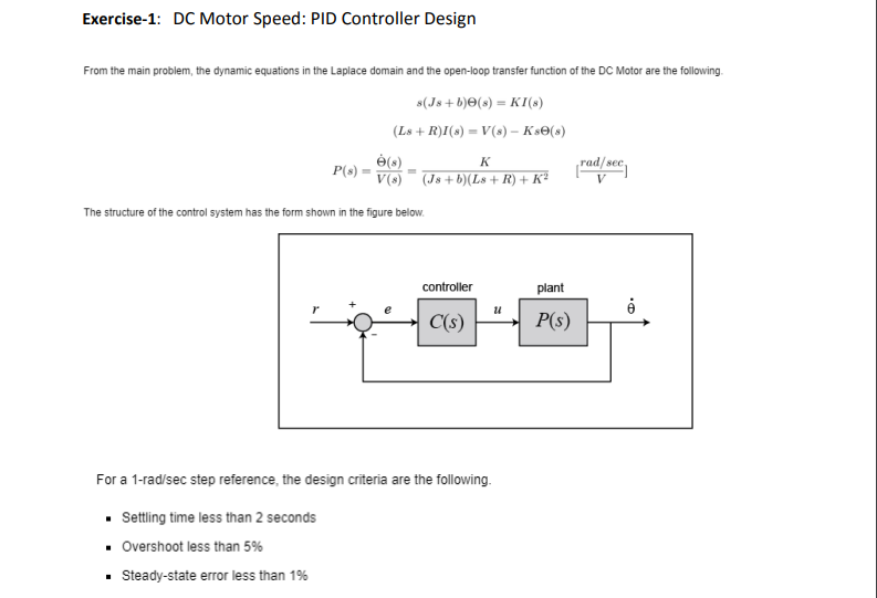 Exercise-1: DC Motor Speed: PID Controller Design | Chegg.com