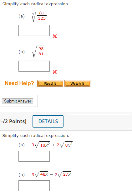 Solved Simplify each radical expression. (a) 81 125 98 (b) | Chegg.com