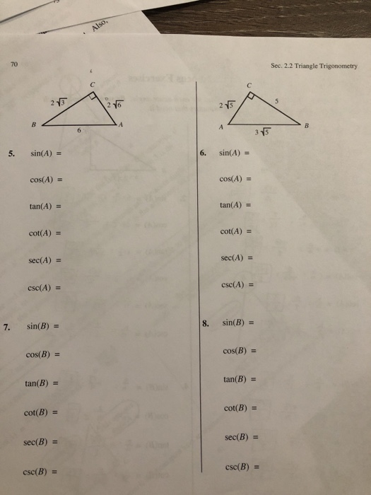 Solved 70 Sec. 2.2 Triangle Trigonometry 2杉 2 16 5. sin(A) | Chegg.com