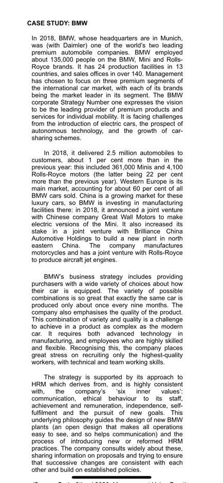 Solved CASE STUDY: BMW In 2018, BMW, whose headquarters are | Chegg.com