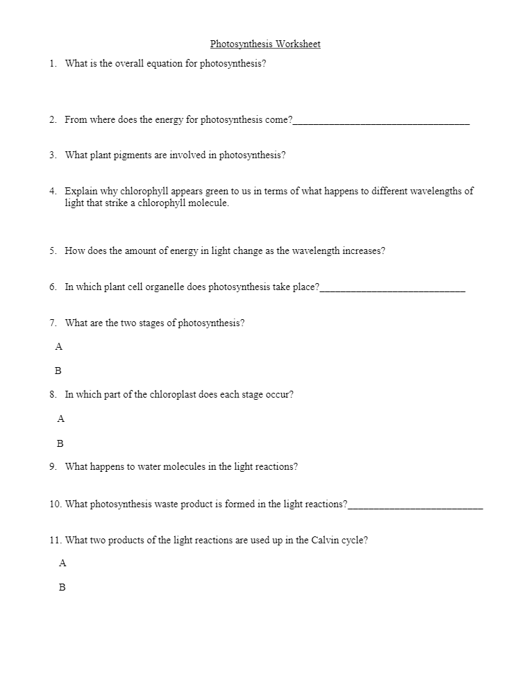 Solved Photosynthesis Worksheet 1. What is the overall | Chegg.com