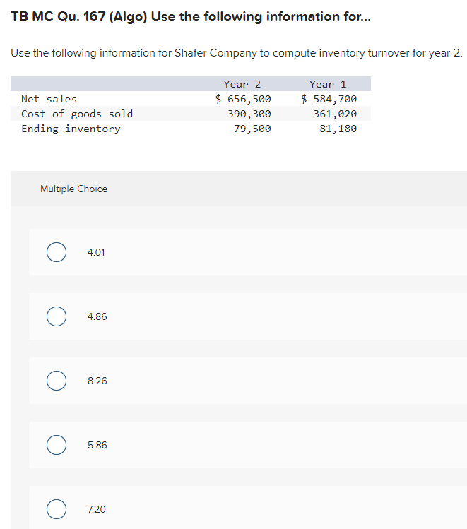 Solved TB MC Qu. 167 (Algo) Use the following information | Chegg.com