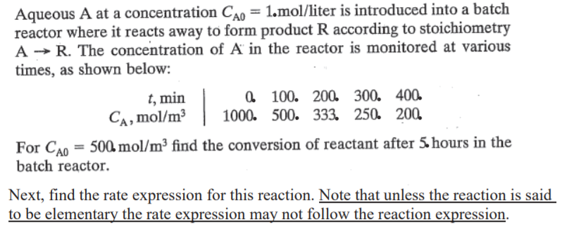 Solved Aqueous A at a concentration CAO = 1.mol/liter is | Chegg.com