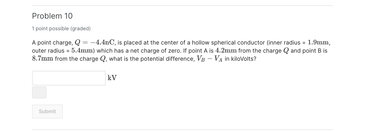 Solved A point charge, Q=−4.4nC, is placed at the center of | Chegg.com